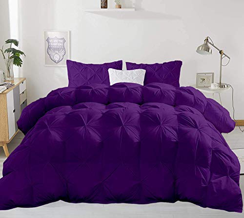 All-Season 500 GSM Egg Plant Goose Down 5 Pieces Quiled Pinch Pleated Comforter Set ( Comforter + 4 Pillow Cases ) 1000 Series Egyptian Cotton Duvet Insert Oversized Queen