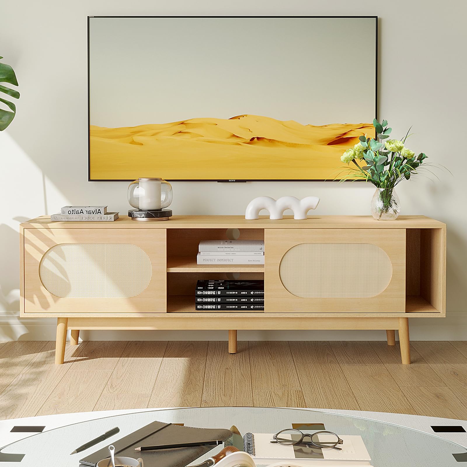 VOWNER Farmhouse Rattan TV Stand for 55/60/65 inch TV, Modern Entertainment Center with Natural Rattan Door and 2 Open Shelves, TV Console Table for Living Room, Wood Color