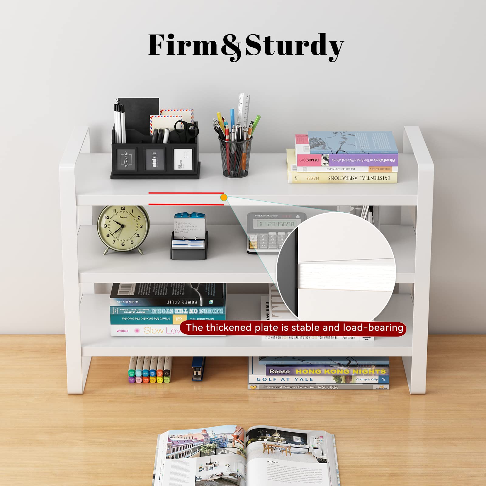 hodiczk Upgraded Small Desk Shelf Organizer with Tiers, Cute Desktop Organizer Shelf Storage, Kawai Desktop Bookshelf Hutch for Dorm, Home, School, Office (White Rack White Frame, 3 Layer)