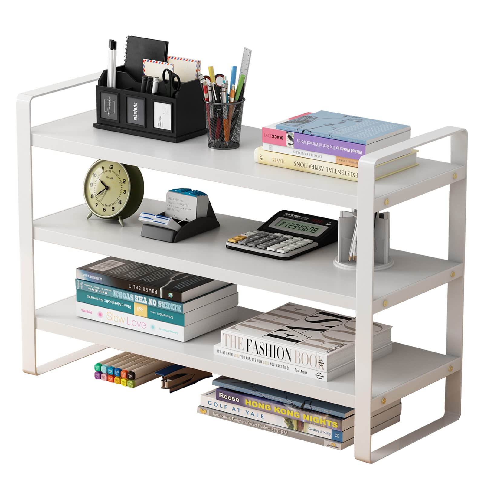 hodiczk Upgraded Small Desk Shelf Organizer with Tiers, Cute Desktop Organizer Shelf Storage, Kawai Desktop Bookshelf Hutch for Dorm, Home, School, Office (White Rack White Frame, 3 Layer)