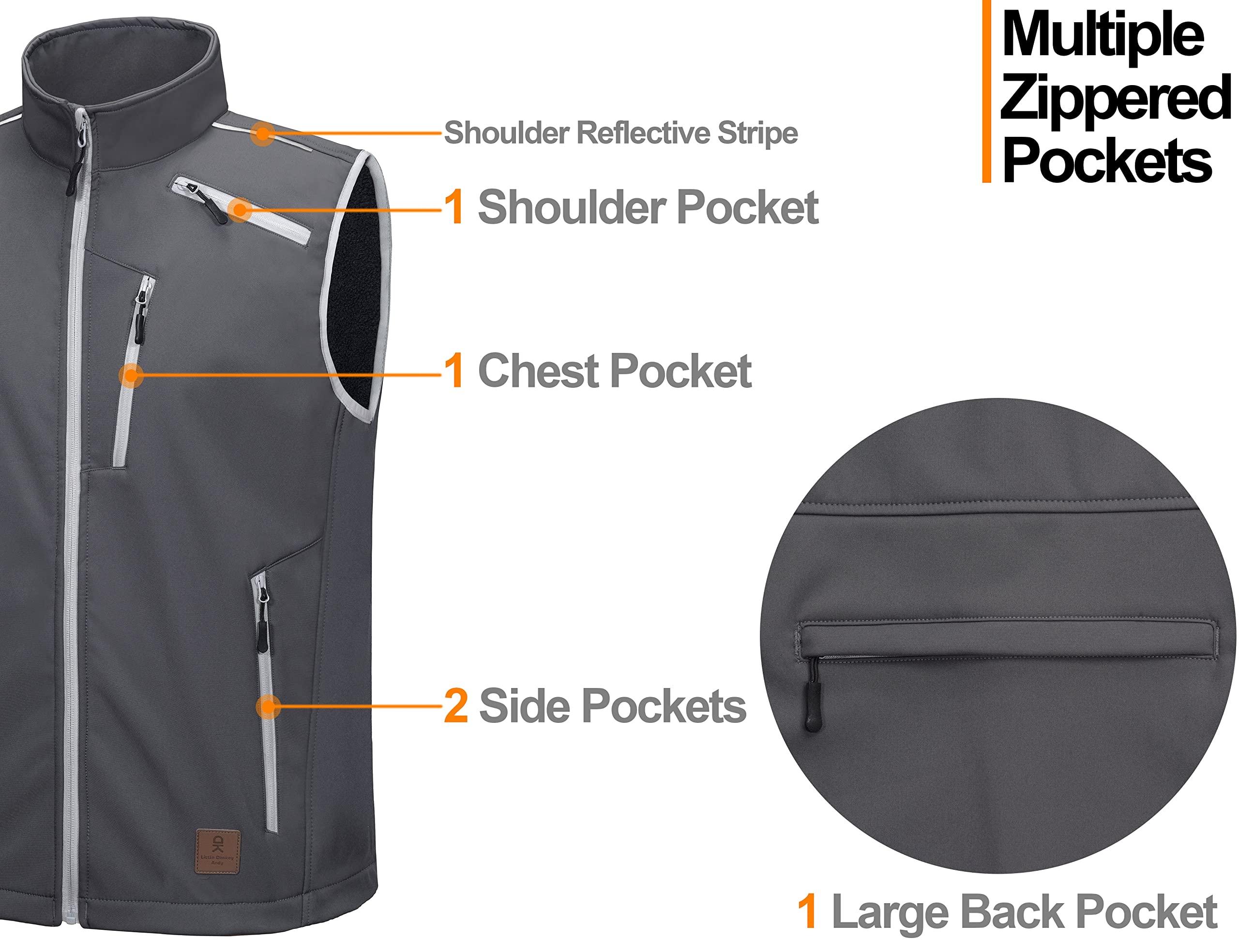 Little Donkey Andy Men's Lightweight Fleece Lined Softshell Vest Windproof Sleeveless Jacket for Hiking Travel Golf Gray L