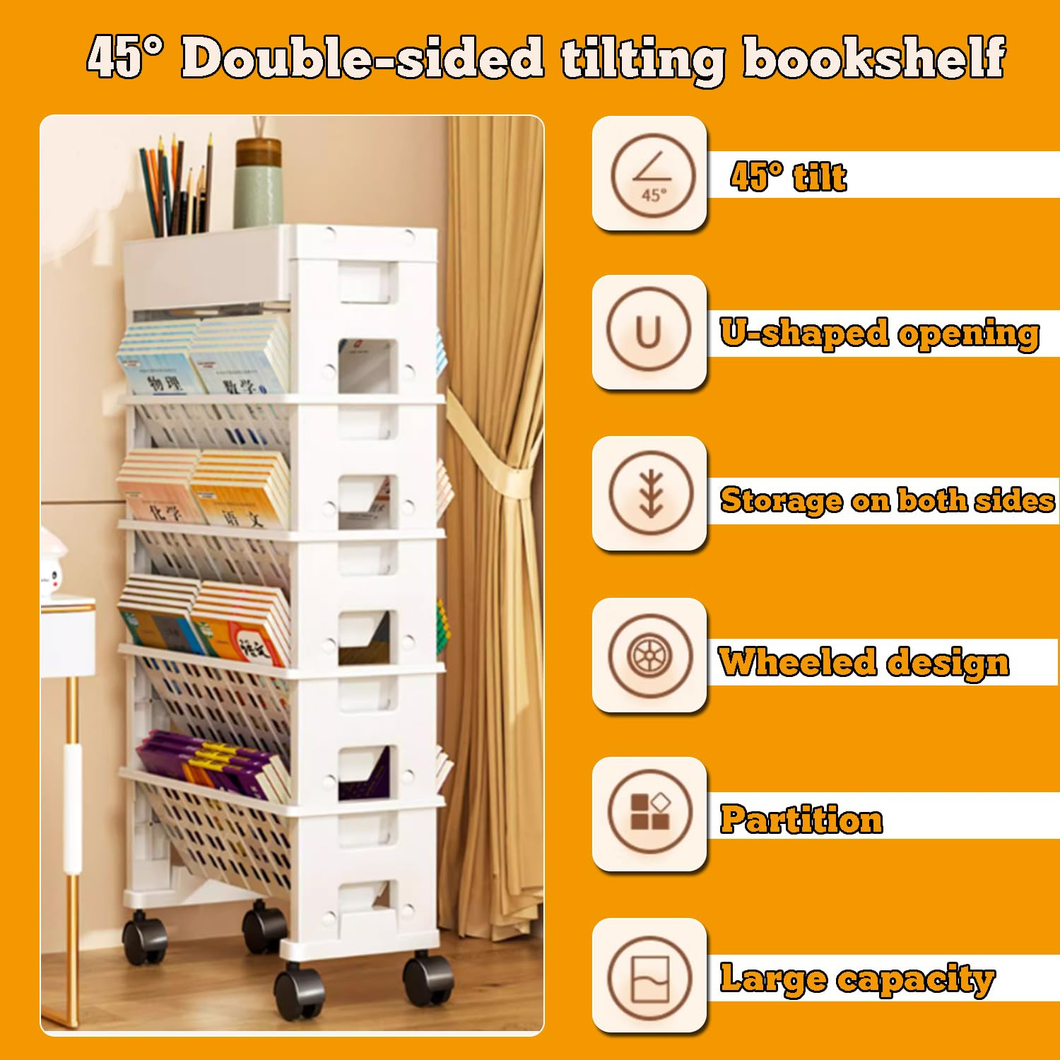 5 Tier Book Rack Storage Bookshelf, Movable Unique Bookcase, Large Capacity Utility Organizer White Bookshelves for Children Students Study in Bedroom Living Room Home School,White