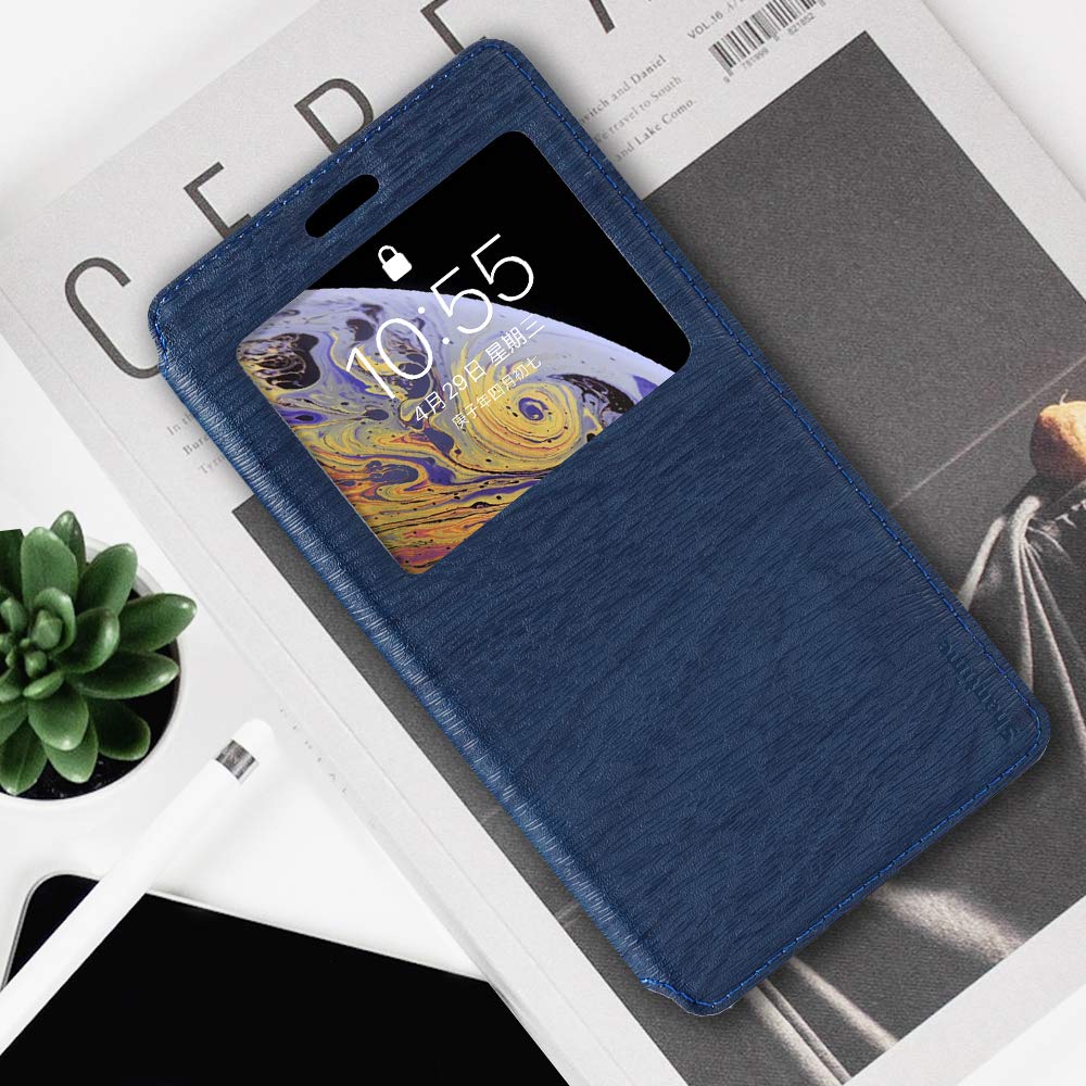 Shantime for Lenovo ThinkPhone 5G Case, Wood Grain Leather Case with Card Holder and Window, Magnetic Flip Cover for Lenovo ThinkPhone 5G (6.6β) Blue