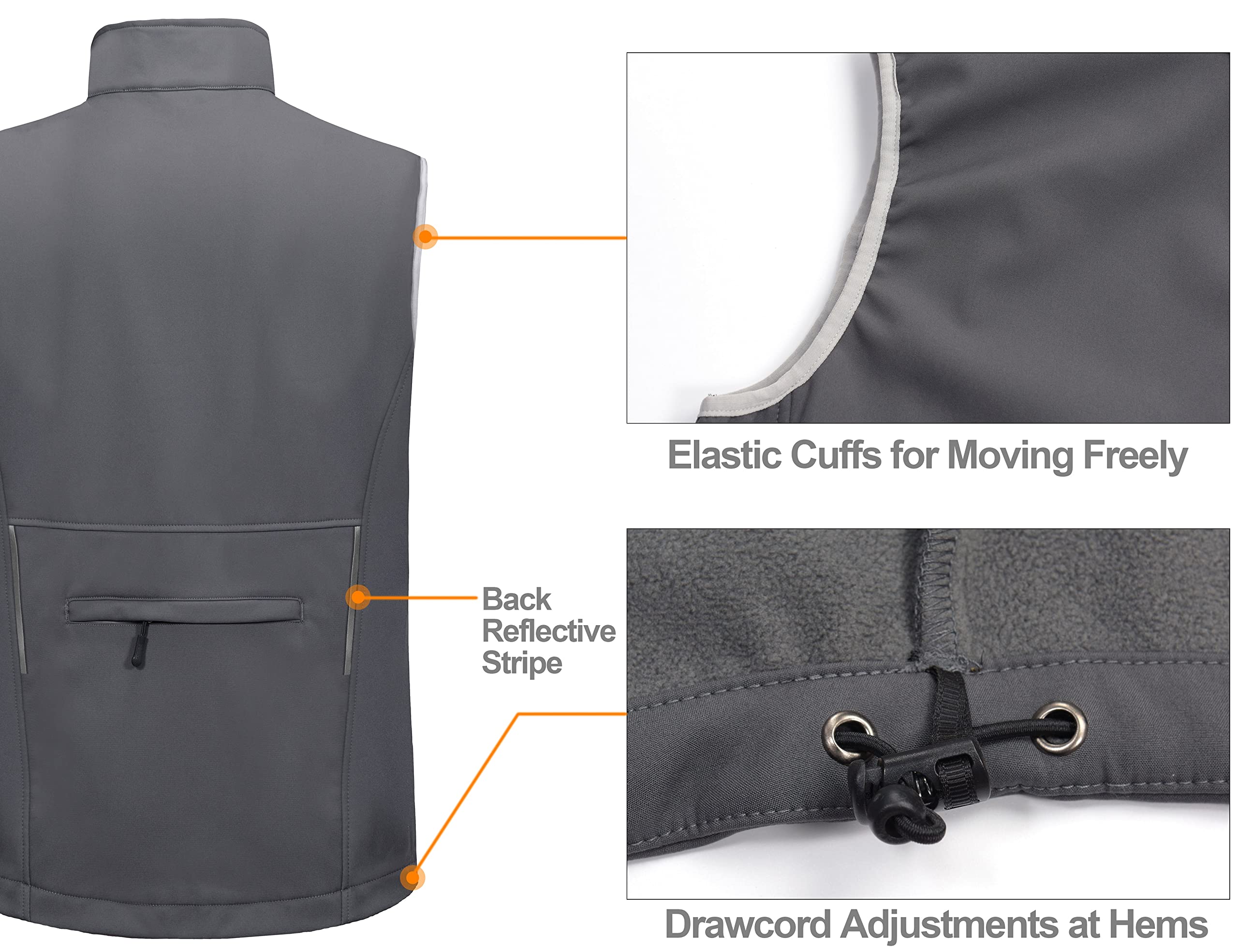 Little Donkey Andy Men's Lightweight Fleece Lined Softshell Vest Windproof Sleeveless Jacket for Hiking Travel Golf Gray L