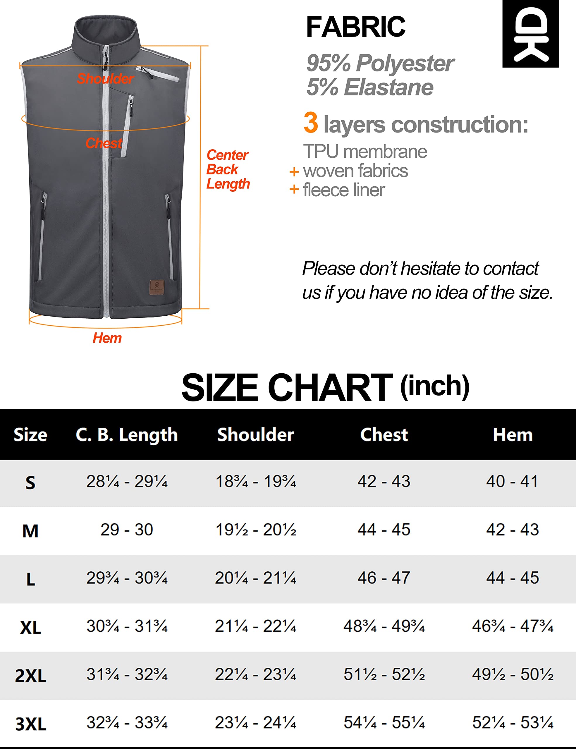 Little Donkey Andy Men's Lightweight Fleece Lined Softshell Vest Windproof Sleeveless Jacket for Hiking Travel Golf Gray L