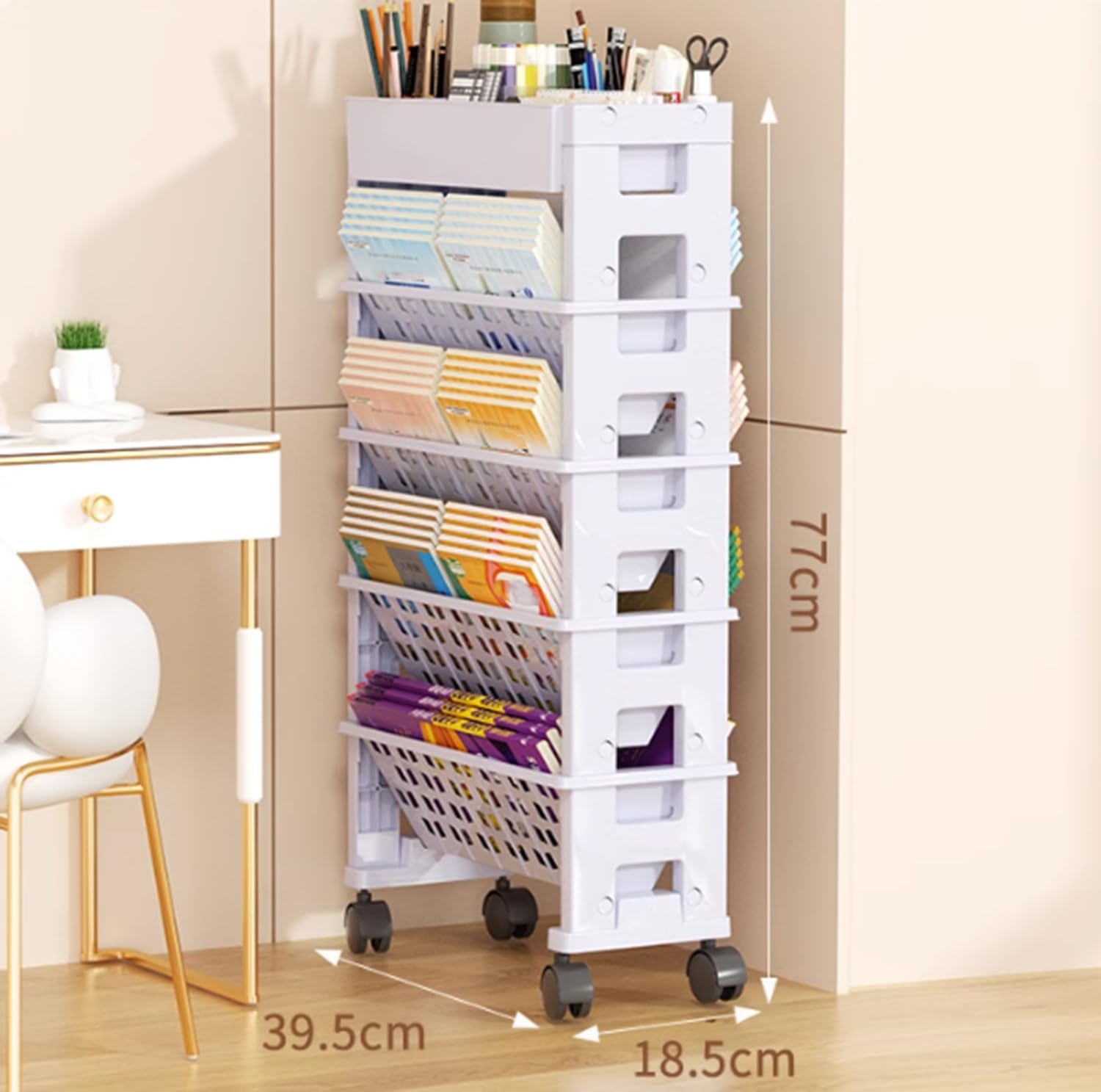 5 Tier Book Rack Storage Bookshelf, Movable Unique Bookcase, Large Capacity Utility Organizer White Bookshelves for Children Students Study in Bedroom Living Room Home School,White