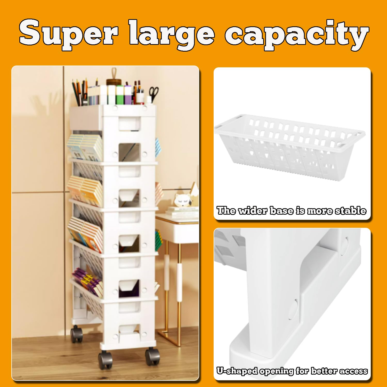 5 Tier Book Rack Storage Bookshelf, Movable Unique Bookcase, Large Capacity Utility Organizer White Bookshelves for Children Students Study in Bedroom Living Room Home School,White