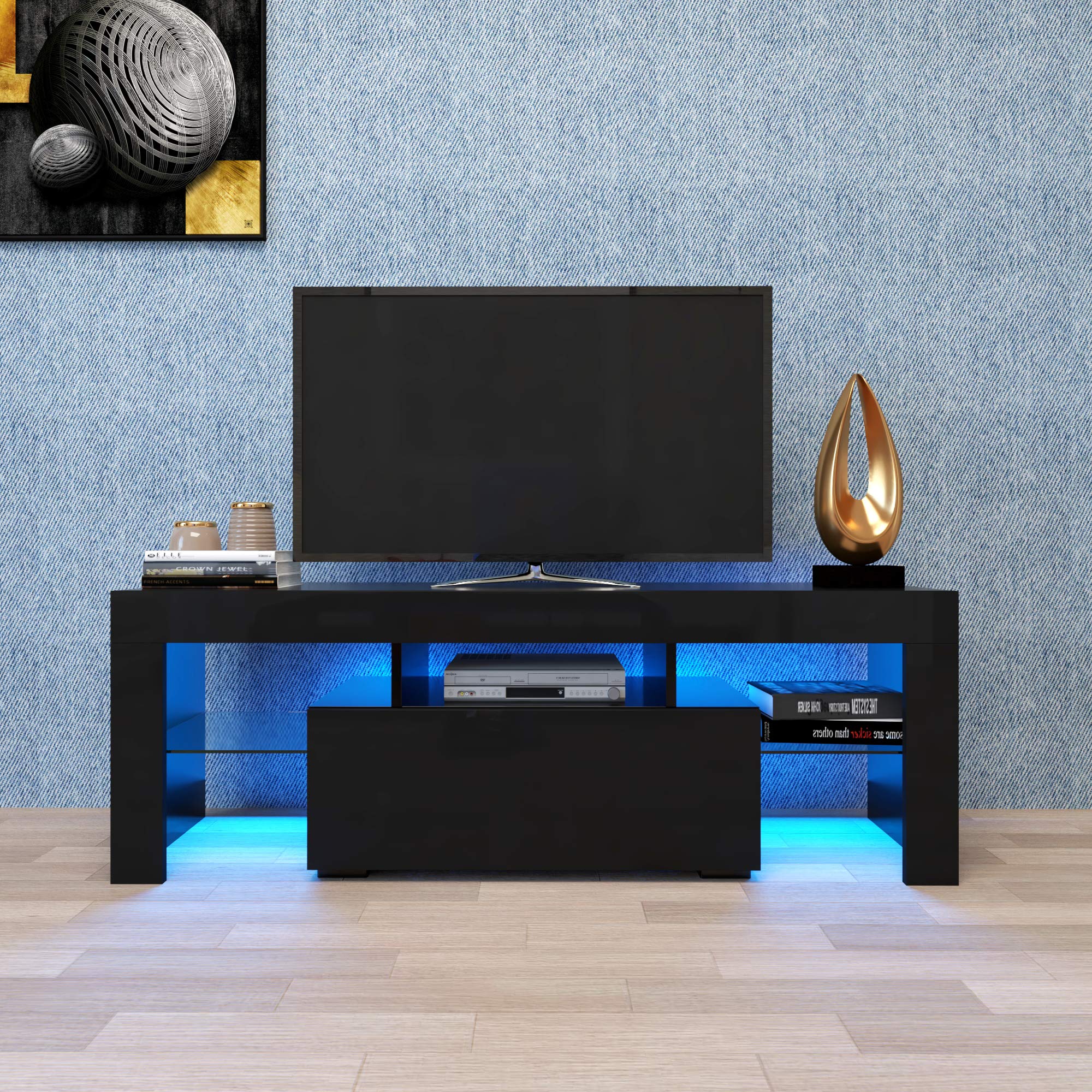 BAMACAR LED TV Stand For 60 Inch TV, Small TV Stand 60 Inch TV Table, 60 55 50 Inch TV Stand For Bedroom 60 55 50 Inch TV Stands For Living Room Black TV Stand For 50 55 Inch TV Stand 55 Inch TV Table