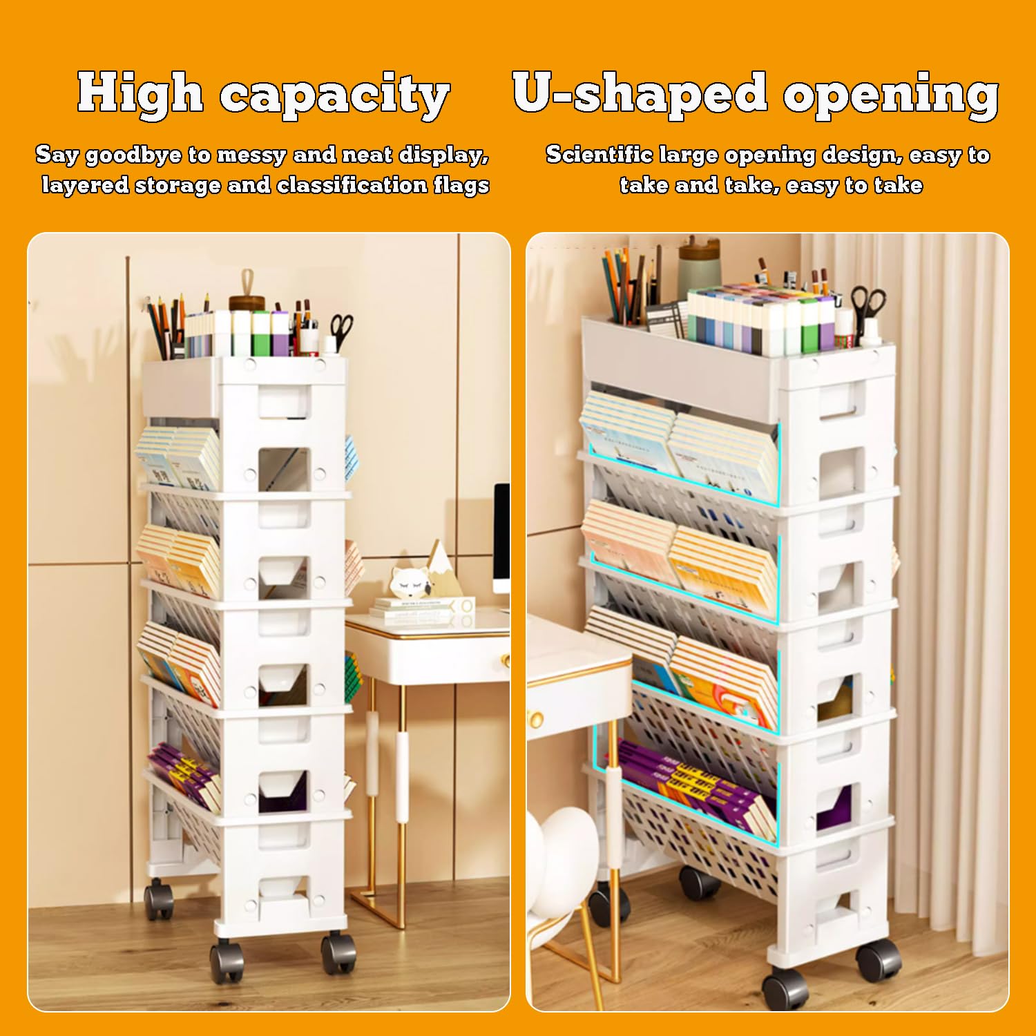 5 Tier Book Rack Storage Bookshelf, Movable Unique Bookcase, Large Capacity Utility Organizer White Bookshelves for Children Students Study in Bedroom Living Room Home School,White