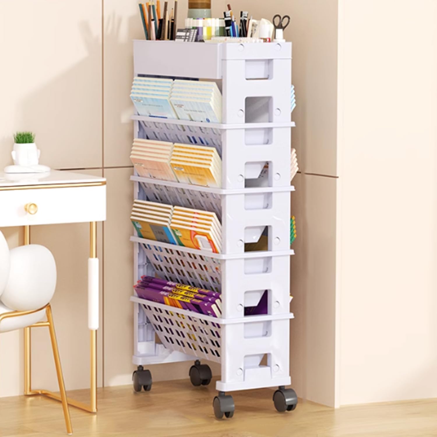 5 Tier Book Rack Storage Bookshelf, Movable Unique Bookcase, Large Capacity Utility Organizer White Bookshelves for Children Students Study in Bedroom Living Room Home School,White