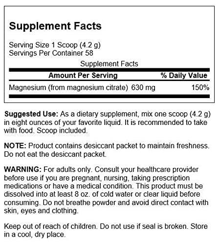 Swanson 100% Pure Magnesium Citrate Powder - Unflavored 630 mg 8.6 oz Pwdr 4 Pack
