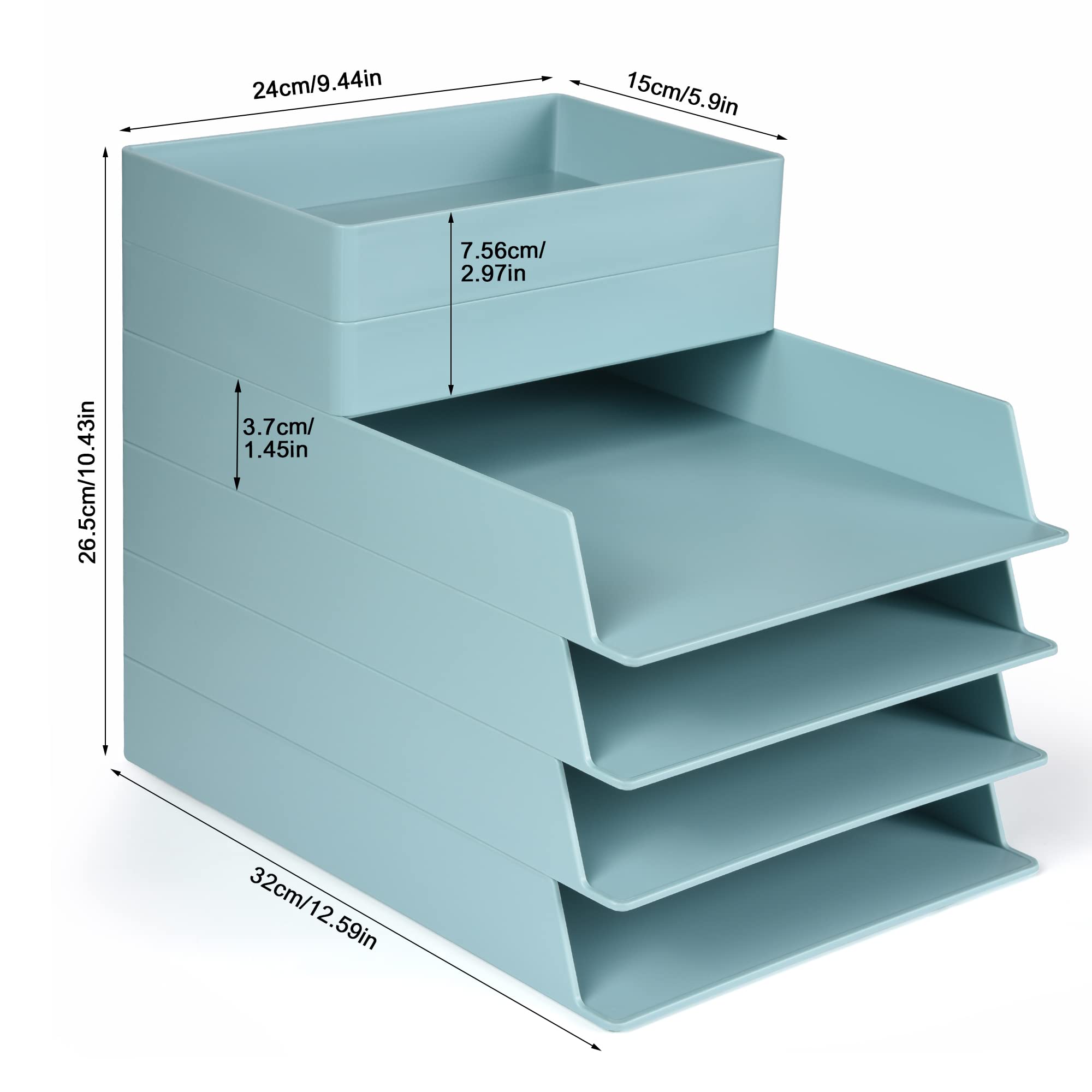 4 Tier Stackable Letter Tray File Organizer, Desktop Document File Tray Paper Sorter Organizer, Blue A4 Paper Organizer Tray for Home, Office, School
