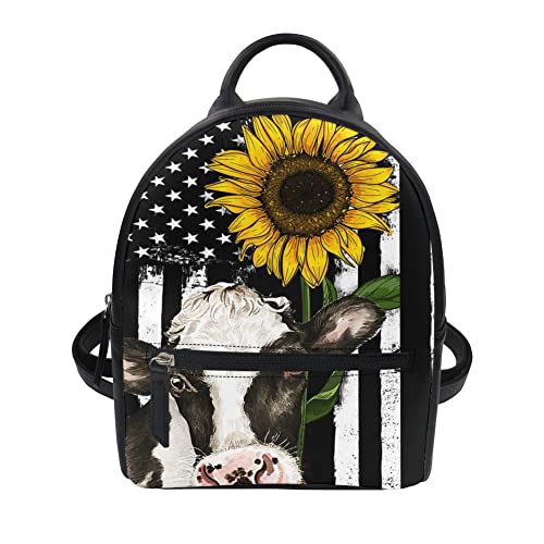 Freewander Adjustable Strap Convertible Handbags, All-match Cute Girl Casual Rucksack, Cute Milk Cow and Sunflower America Flag Pattern