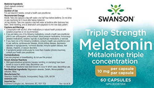 Swanson Triple Strength Melatonin - Natural Sleep Support for Disrupted Sleep Cycles - (60 Capsules, 10mg Each)