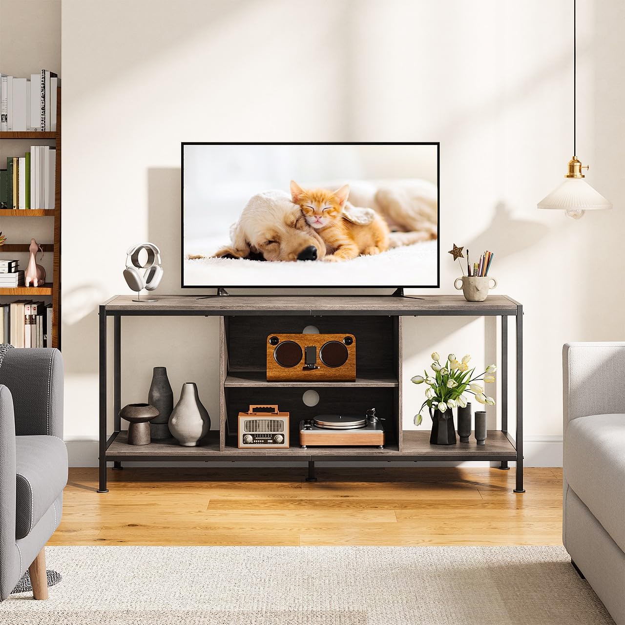 Gizoon TV Stand for TVs up to 65 Inch,Entertainment Center with Open Storage Shelves,TV Media Console Table for Living Room and Bedroom, Gray
