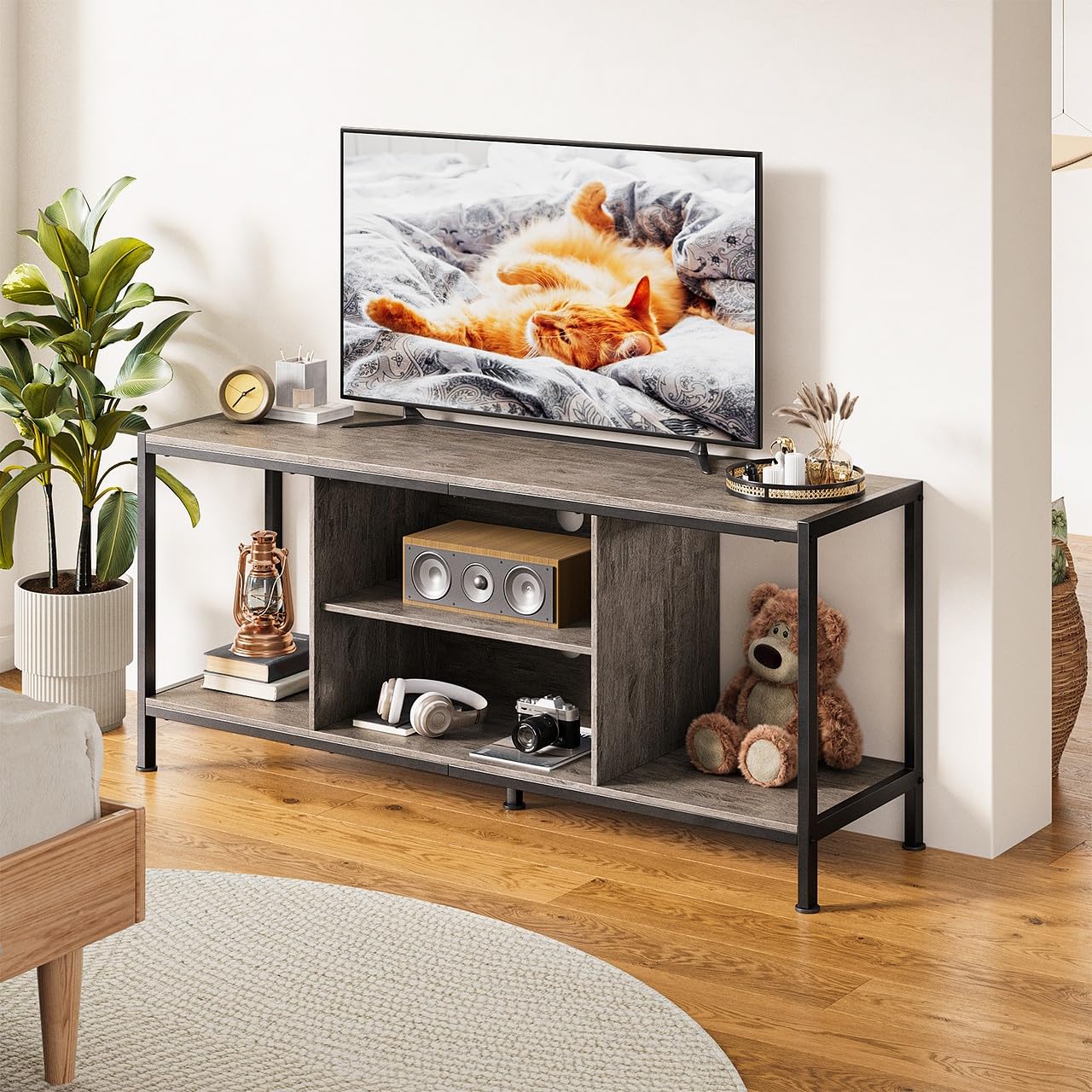 Gizoon TV Stand for TVs up to 65 Inch,Entertainment Center with Open Storage Shelves,TV Media Console Table for Living Room and Bedroom, Gray