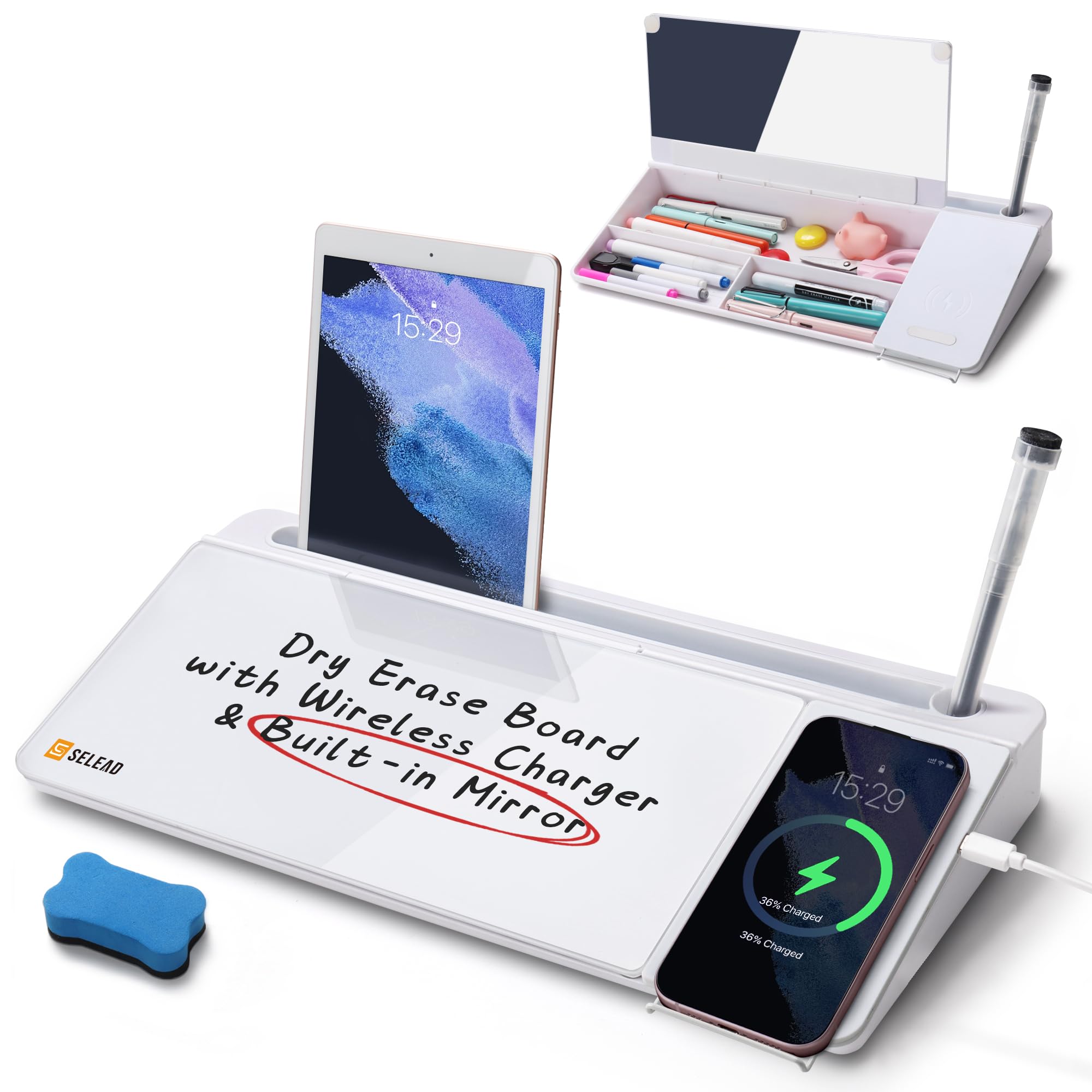 SELEAD Desktop Glass Whiteboard with Wireless Charger Station & Built-in Mirror, Dry Erase Board Computer Pad Keyboard Stand with Organizer for Home, School, Office Desk Accessories, White