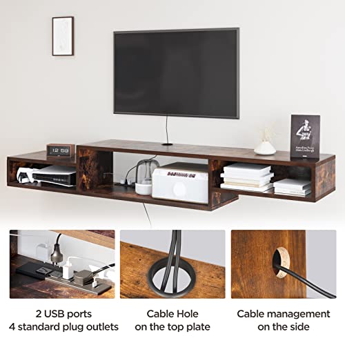 DOUBUY Floating TV Stand Wall Mounted with Power Outlet 70", Floating Entertainment Center, Wood Media Console Shelf for Under TV Storage for Living Room Bedroom Office