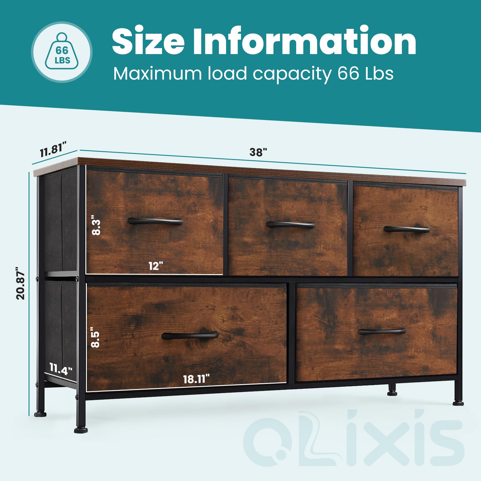 DUMOS Organizer, Console Table Entertainment Center Storage, 45 inch Shelf Closet Fabric Dresser for TV Stand Bedroom, 5 Drawers, Brown