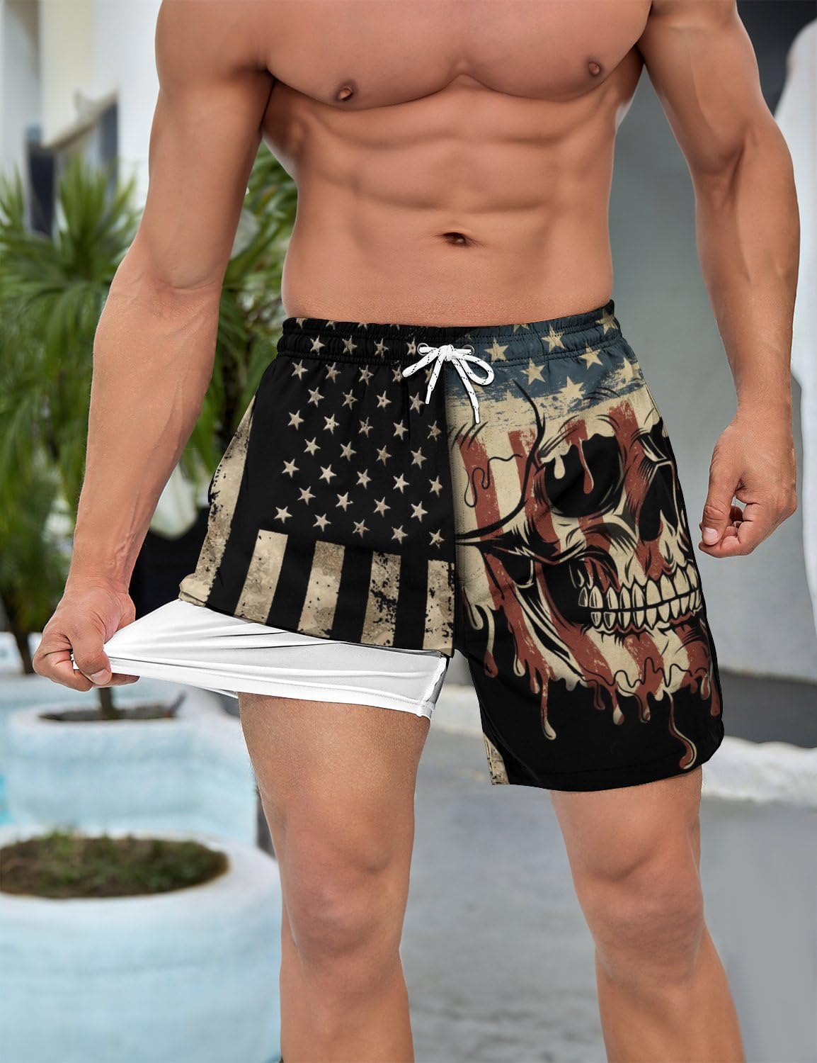 Partrest American Flag Skull Men's Swim Trunks with Compression Liner - 7 Inch American Flag Board Shorts for Beach