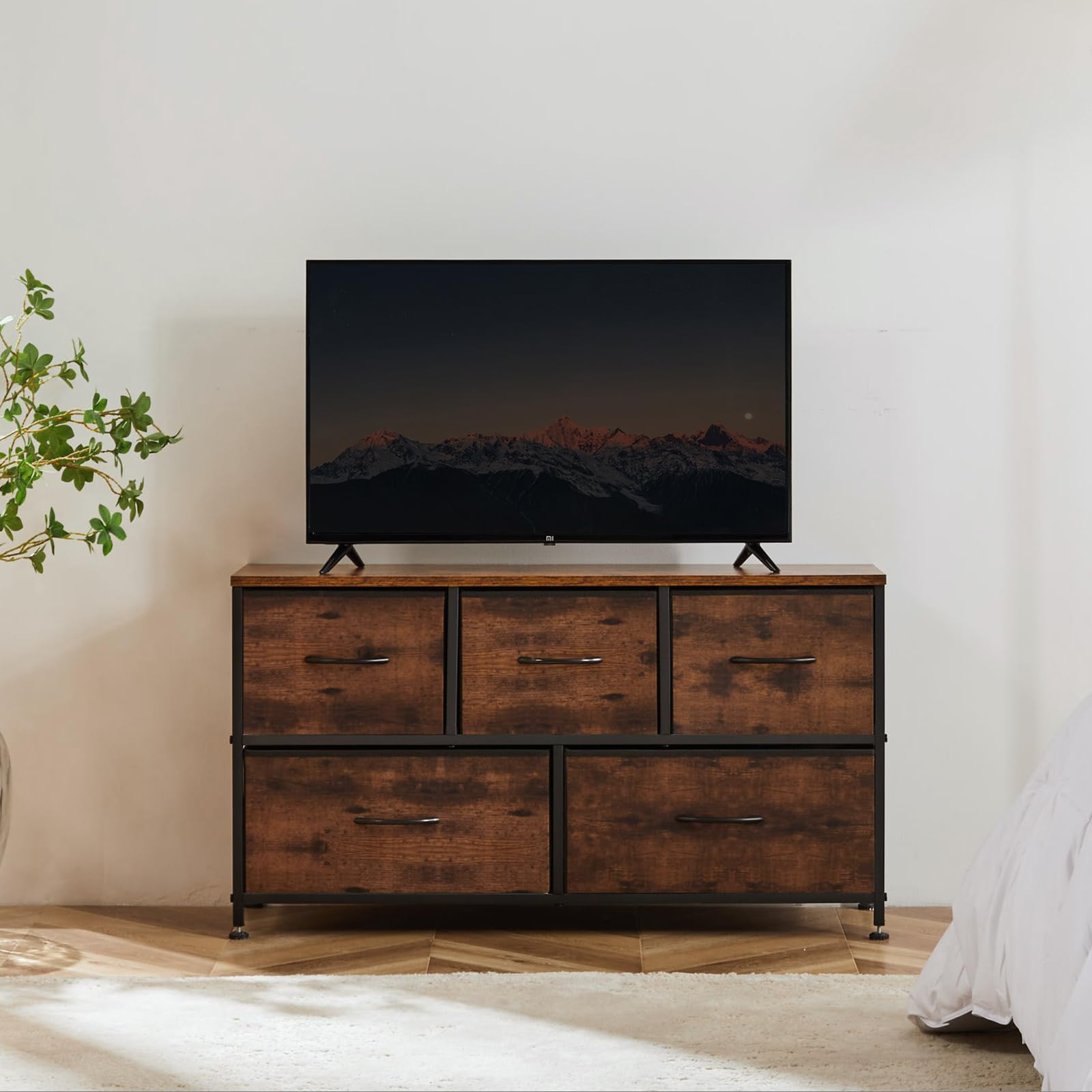 DUMOS Organizer, Console Table Entertainment Center Storage, 45 inch Shelf Closet Fabric Dresser for TV Stand Bedroom, 5 Drawers, Brown