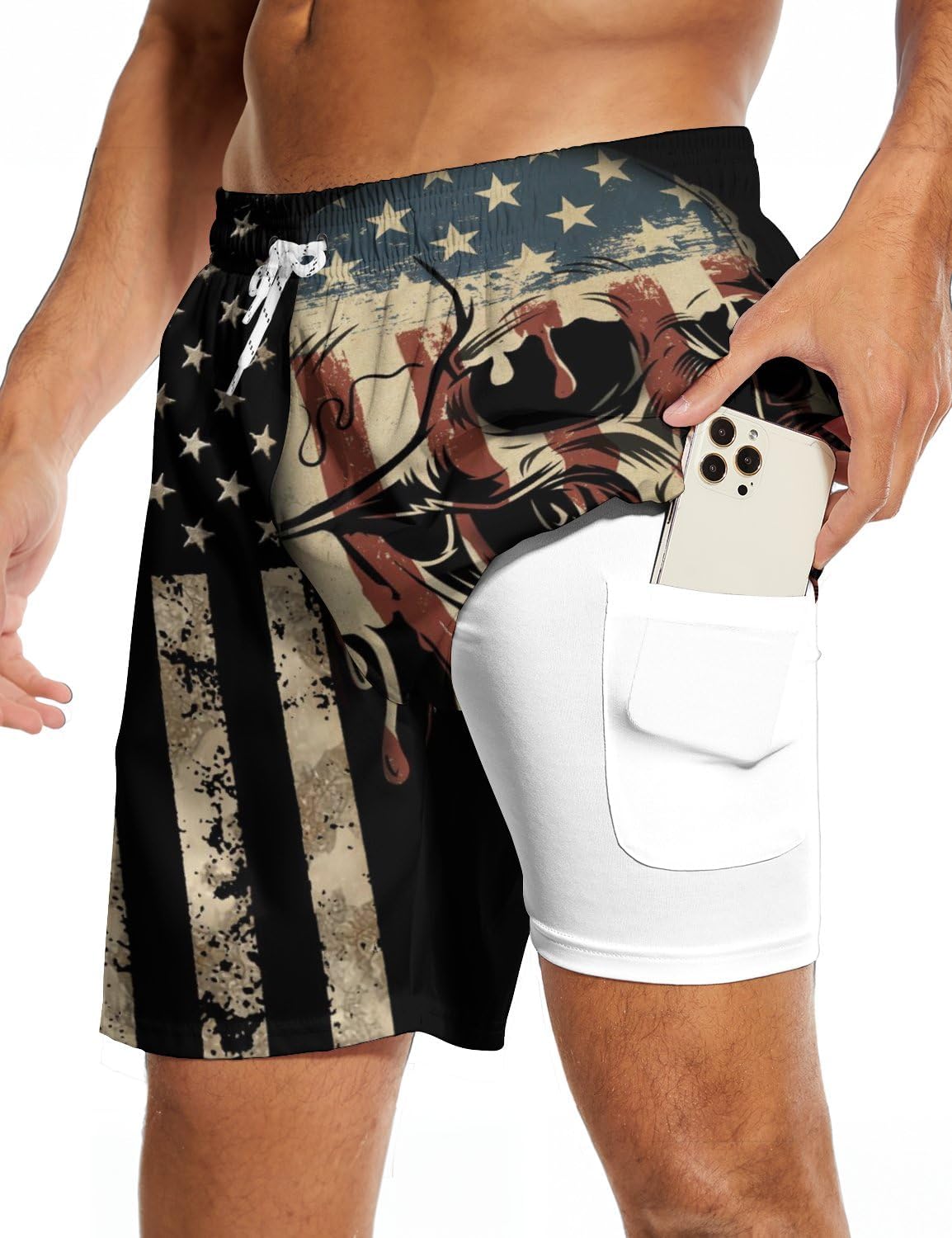 Partrest American Flag Skull Men's Swim Trunks with Compression Liner - 7 Inch American Flag Board Shorts for Beach