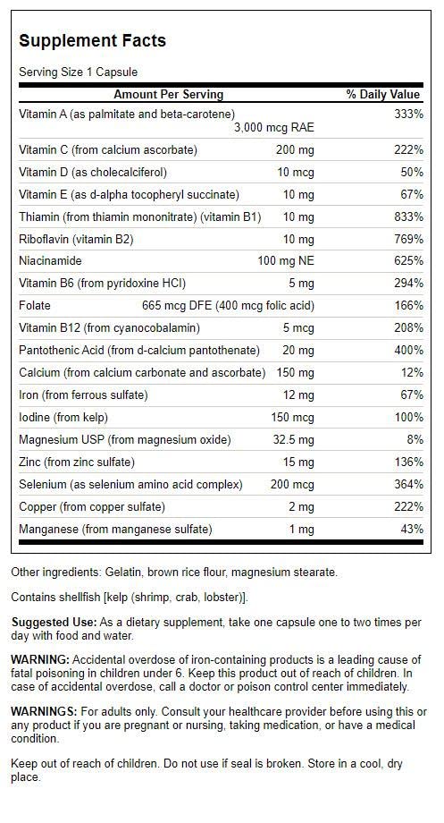 Swanson Multi and Mineral Daily Men's Women's Multivitamin Multimineral Health Supplement 100 Capsules (Caps)