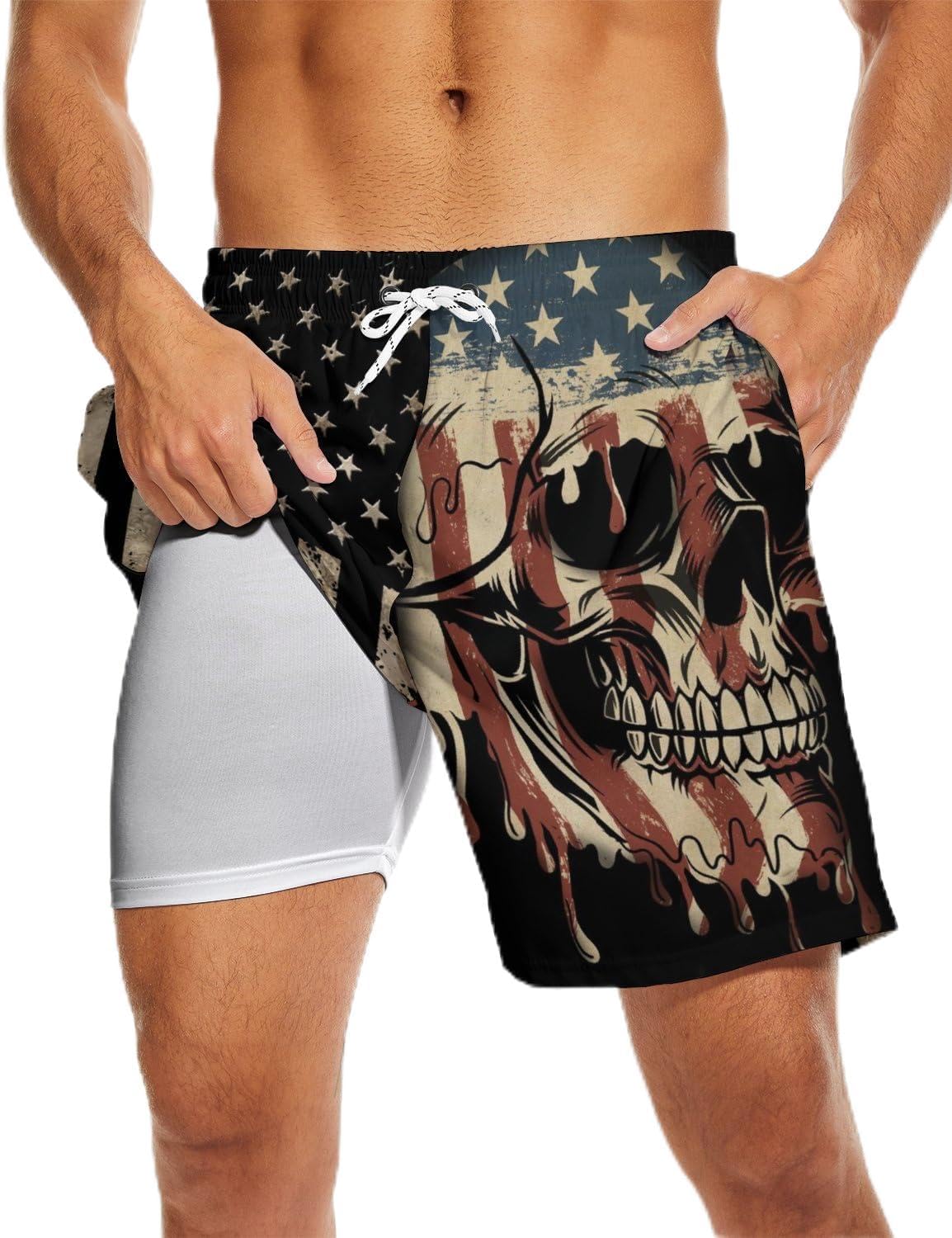 Partrest American Flag Skull Men's Swim Trunks with Compression Liner - 7 Inch American Flag Board Shorts for Beach
