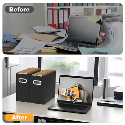 POUYRBA File Organizer, 4pcs Black Cardboard Hanging File Folder Box with Handle for Letter Size Easy Assemble Collapsible File Cabinet Organizer for Home Office and School