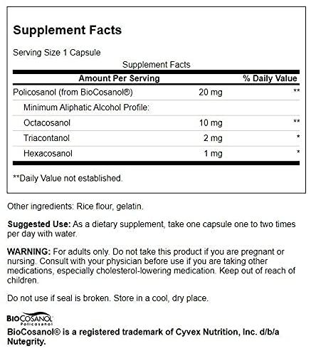 Swanson Policosanol - Supplement Helps Support Cardiovascular Health - All Natural Formula Aids Good Heart Health & Function - Helps Maintain Healthy Cholesterol Levels (60 Capsules, 20mg each) 2 Pack