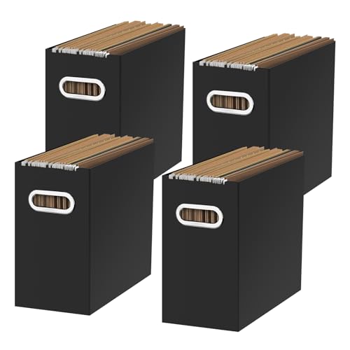 POUYRBA File Organizer, 4pcs Black Cardboard Hanging File Folder Box with Handle for Letter Size Easy Assemble Collapsible File Cabinet Organizer for Home Office and School