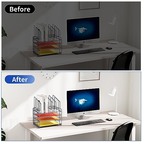Marbrasse Mesh Desk Organizer, 4-Tier Mesh Desk File Organizer with 5 Vertical File Holders, Multifunction Desktop Organizer, Desk Organizers and Accessories for Home Office School,Grey