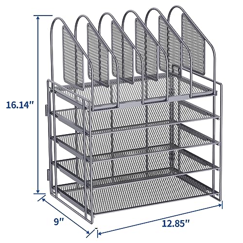 Marbrasse Mesh Desk Organizer, 4-Tier Mesh Desk File Organizer with 5 Vertical File Holders, Multifunction Desktop Organizer, Desk Organizers and Accessories for Home Office School,Grey
