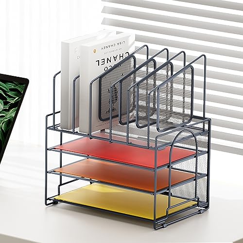 Marbrasse Mesh Desk Organizer, 4-Tier Mesh Desk File Organizer with 5 Vertical File Holders, Multifunction Desktop Organizer, Desk Organizers and Accessories for Home Office School,Grey