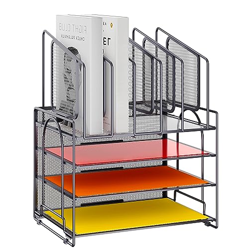 Marbrasse Mesh Desk Organizer, 4-Tier Mesh Desk File Organizer with 5 Vertical File Holders, Multifunction Desktop Organizer, Desk Organizers and Accessories for Home Office School,Grey