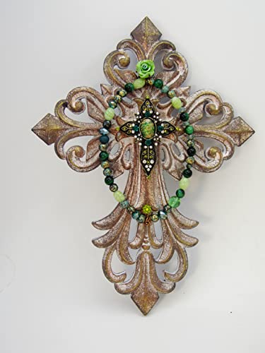Upscaled Green ROSE Beaded WALL CROSS Decor, Wood Hand Beaded Cross, Office home church cross, upscaled religious art, Christian gift