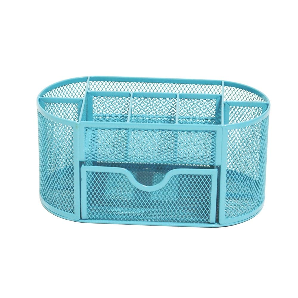 Black office accessories, desk pen holder, mesh desk organizer with 8 compartments and 1 drawer, student stationery creative desktop iron mesh combination organizer, suitable for office home school classrooms (red)