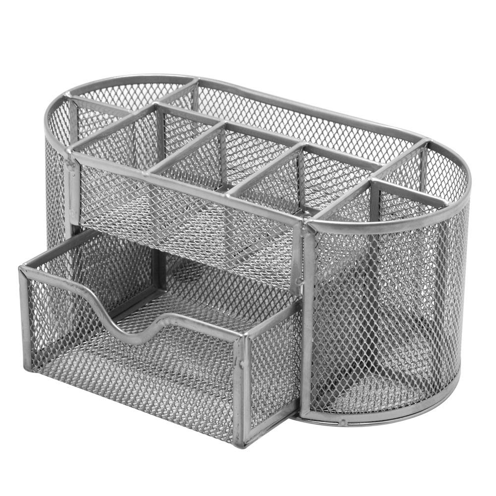 Black office accessories, desk pen holder, mesh desk organizer with 8 compartments and 1 drawer, student stationery creative desktop iron mesh combination organizer, suitable for office home school classrooms (red)