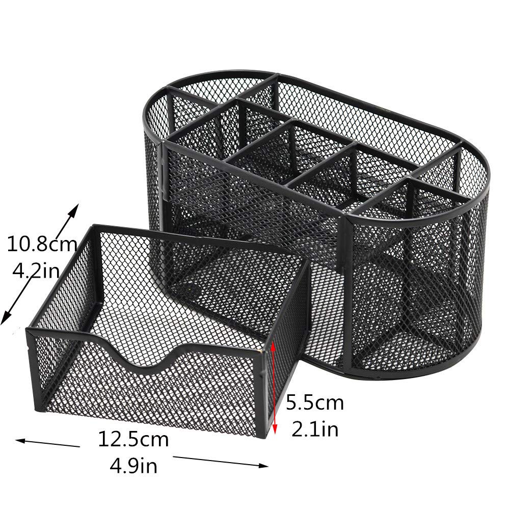 Black office accessories, desk pen holder, mesh desk organizer with 8 compartments and 1 drawer, student stationery creative desktop iron mesh combination organizer, suitable for office home school classrooms (red)