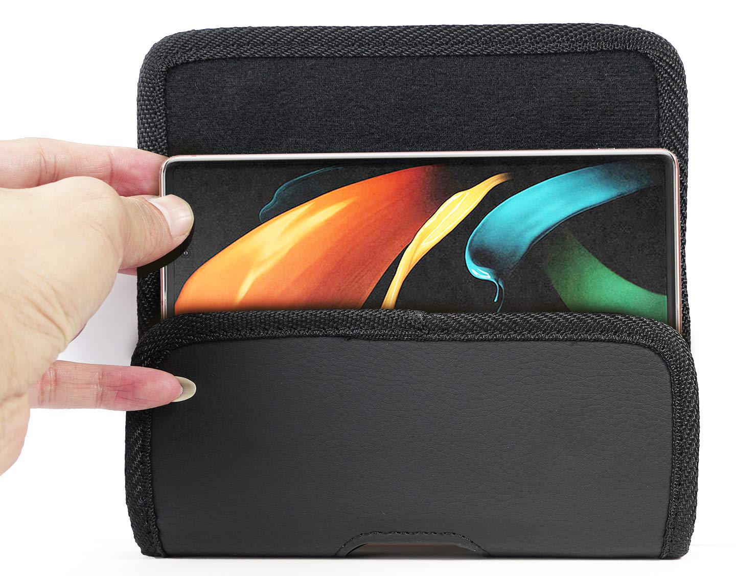 Case for Motorola Phone, Nakedcellphone Black Vegan Leather Horizontal Pouch [Metal Clip, Belt Harness, Magnetic Closure] for Moto ThinkPhone, Edge, Edge+, G Power 5G, G Play, Nokia C300/C110/G310