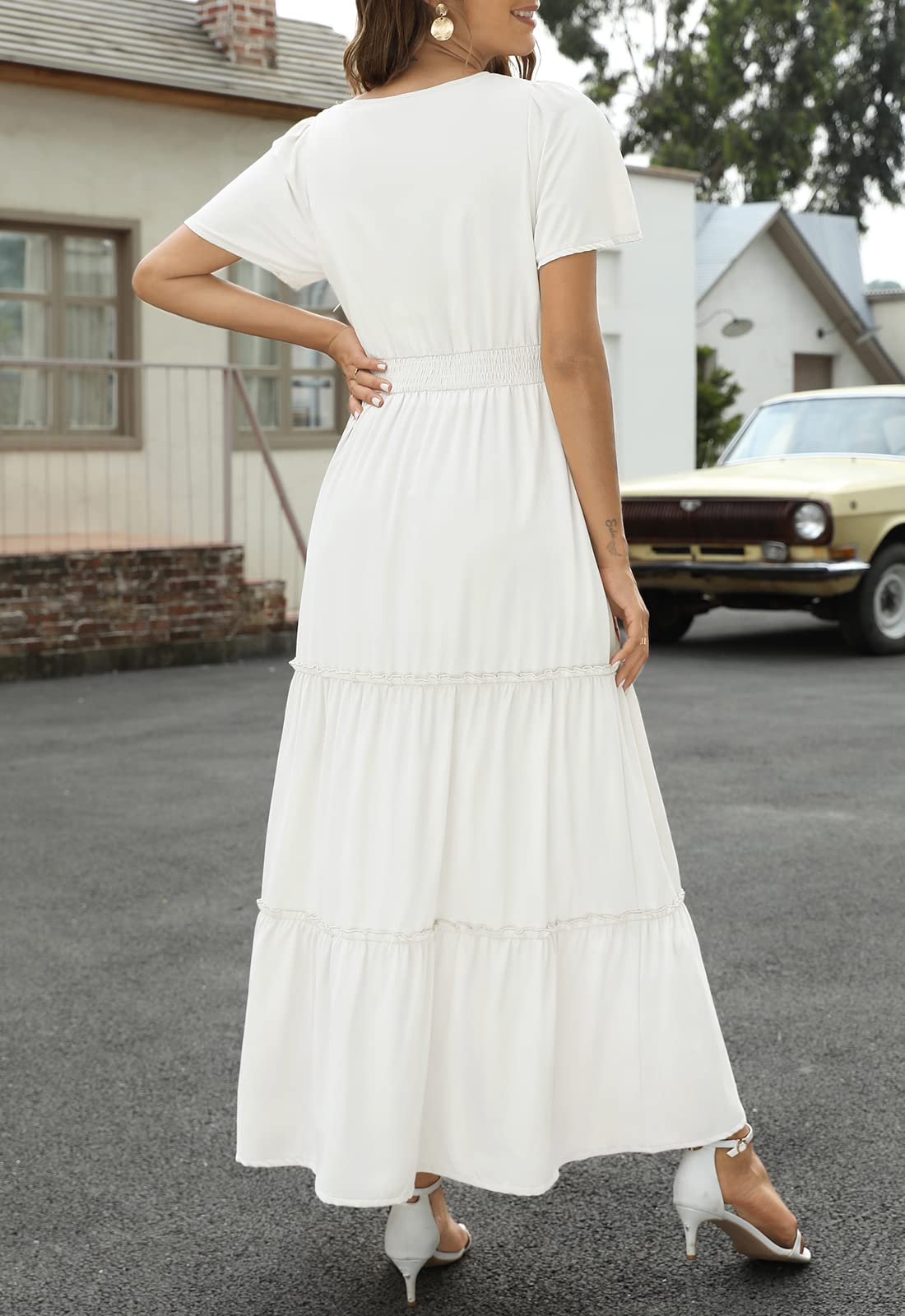 Zattcas Womens 2025 Long Summer Dress Casual Short Flutter Sleeve V Neck Smocked Waist Tiered Flowy Modest Solid Boho Maxi Dress White M