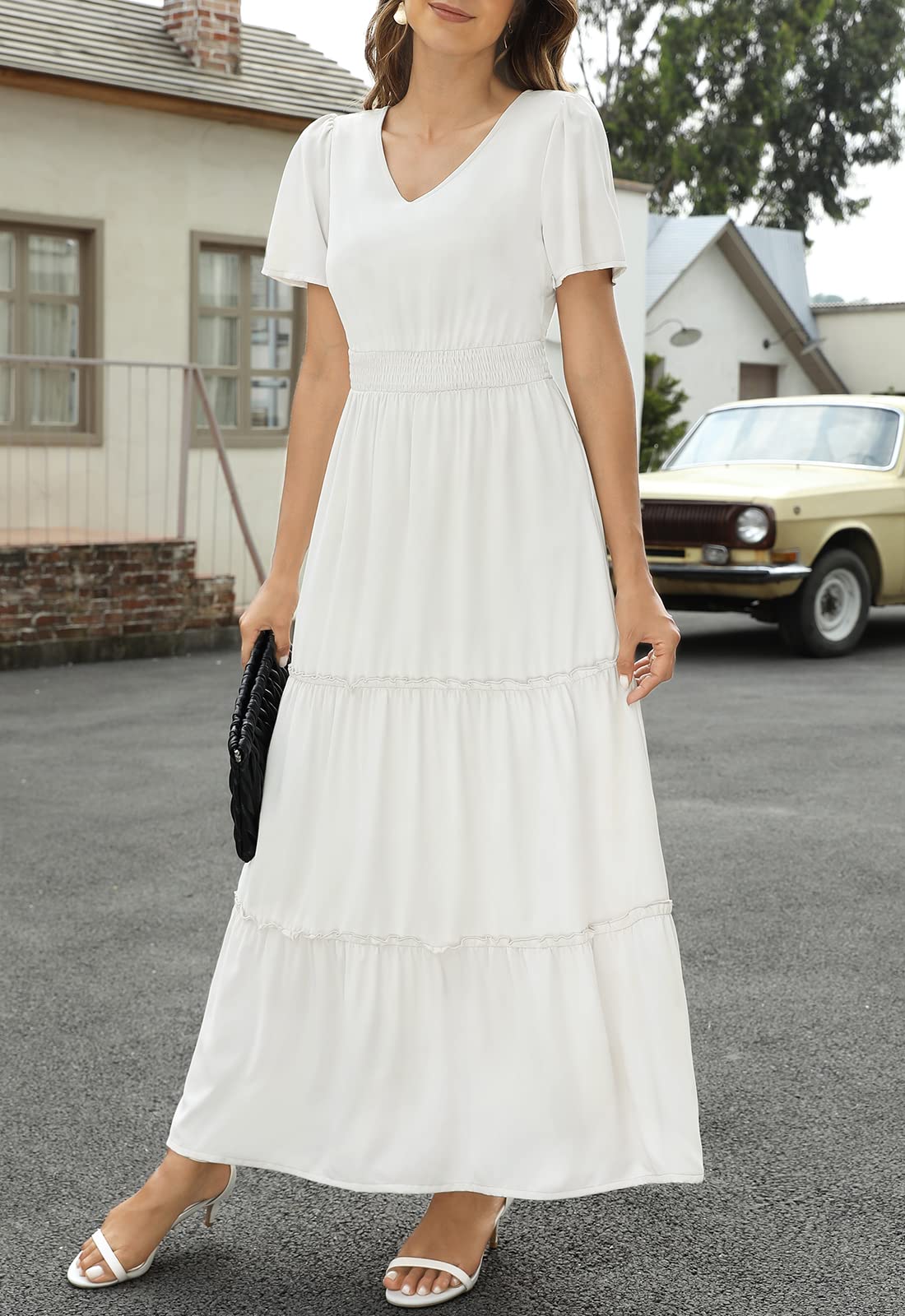 Zattcas Womens 2025 Long Summer Dress Casual Short Flutter Sleeve V Neck Smocked Waist Tiered Flowy Modest Solid Boho Maxi Dress White M