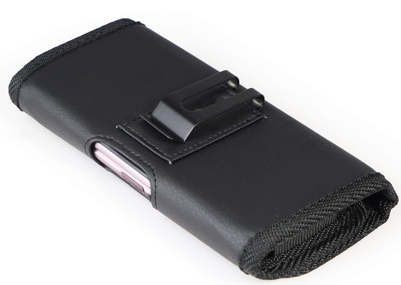 Case for Motorola Phone, Nakedcellphone Black Vegan Leather Horizontal Pouch [Metal Clip, Belt Harness, Magnetic Closure] for Moto ThinkPhone, Edge, Edge+, G Power 5G, G Play, Nokia C300/C110/G310