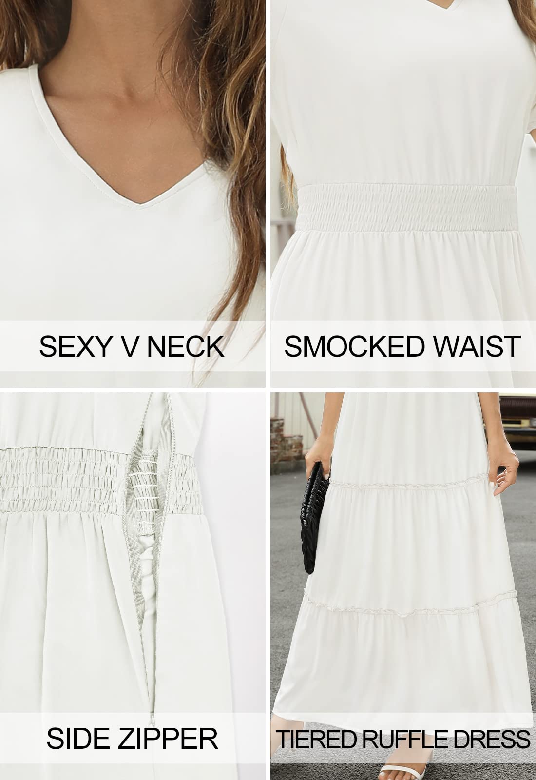 Zattcas Womens 2025 Long Summer Dress Casual Short Flutter Sleeve V Neck Smocked Waist Tiered Flowy Modest Solid Boho Maxi Dress White M