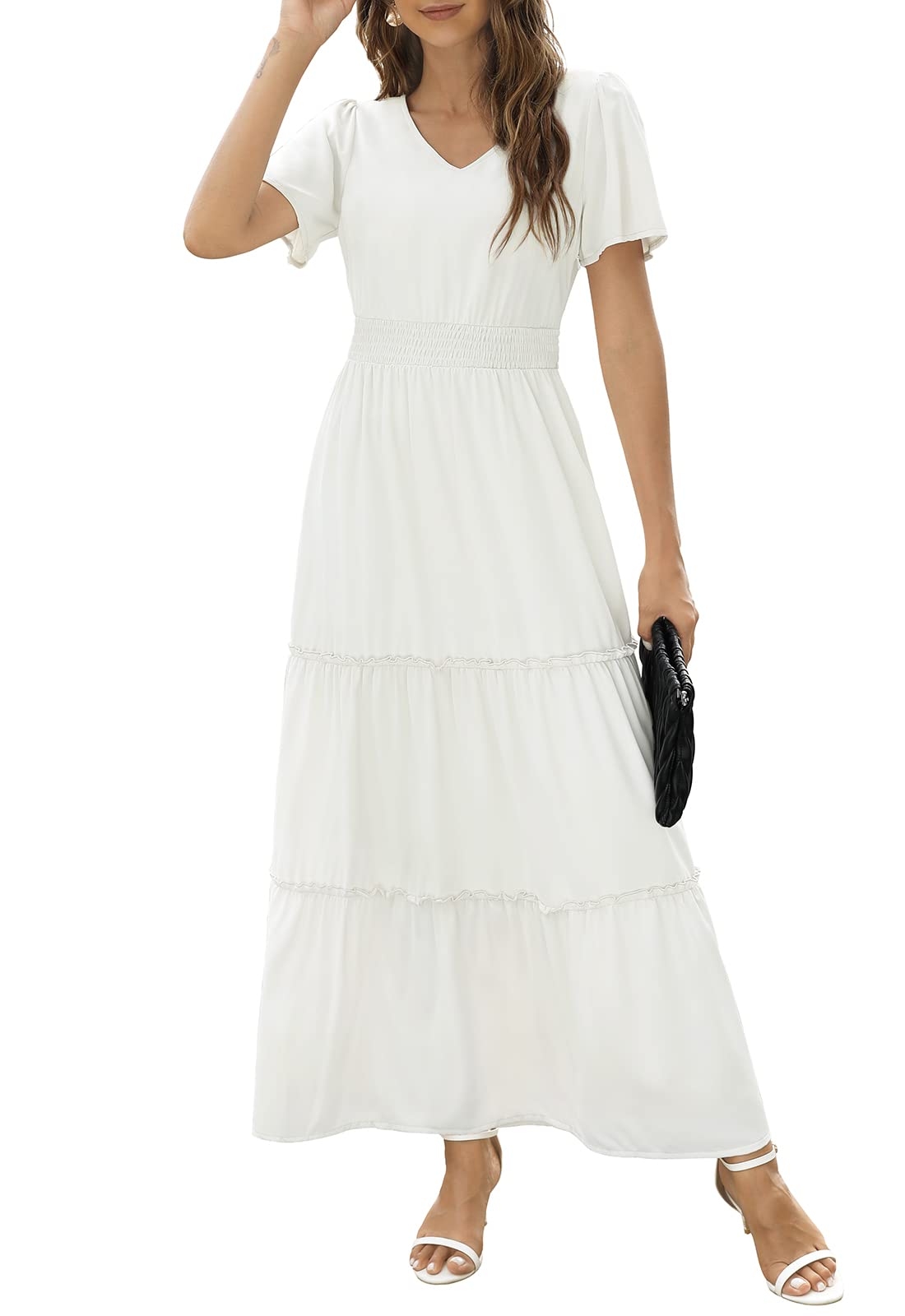 Zattcas Womens 2025 Long Summer Dress Casual Short Flutter Sleeve V Neck Smocked Waist Tiered Flowy Modest Solid Boho Maxi Dress White M
