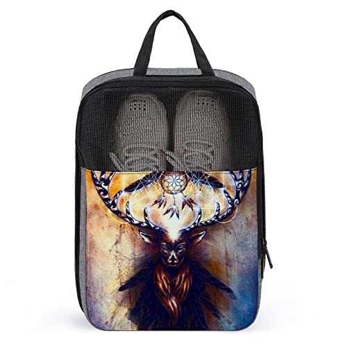 Frcavbin Deer with Dream Catcher Feathers Travel Shoe Bag Shoes Carrier with Handle and Zipper Foldable Shoe Puches Organizer for Home storage School starts