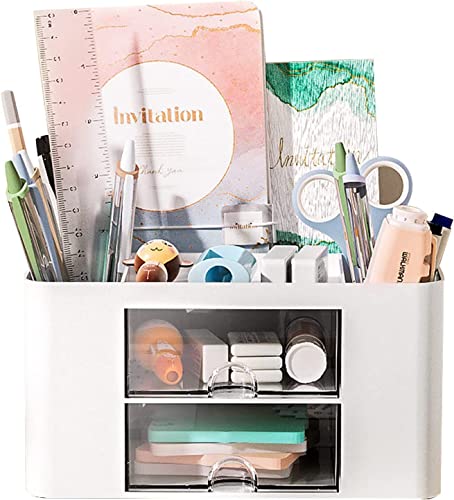 ChezMax Desk Organizer with 50Pcs Stickers, Desk Organizer Pen Holder Multifunction Office Supplies Organizer Storage Box with 2 Acrylic Drawer 5 Sorting Compartments for Office School Home (White)