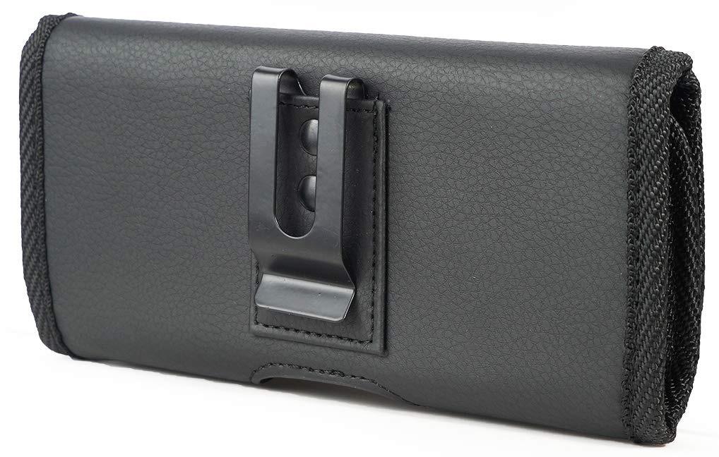 Case for Motorola Phone, Nakedcellphone Black Vegan Leather Horizontal Pouch [Metal Clip, Belt Harness, Magnetic Closure] for Moto ThinkPhone, Edge, Edge+, G Power 5G, G Play, Nokia C300/C110/G310