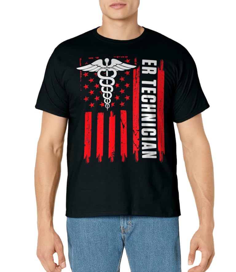 ER Technician Brain Emergency Room Tech American Flag T-Shirt