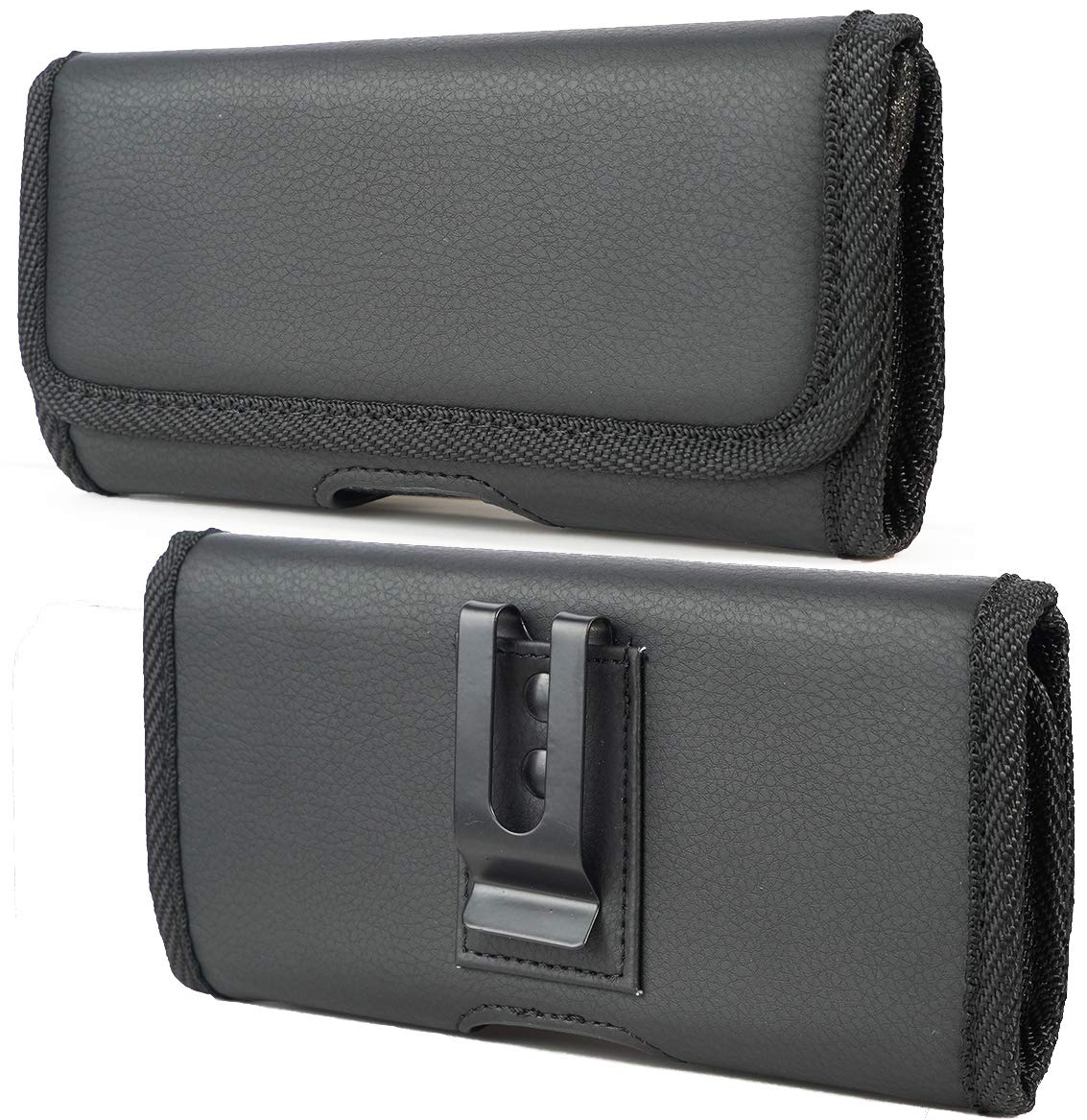 Case for Motorola Phone, Nakedcellphone Black Vegan Leather Horizontal Pouch [Metal Clip, Belt Harness, Magnetic Closure] for Moto ThinkPhone, Edge, Edge+, G Power 5G, G Play, Nokia C300/C110/G310